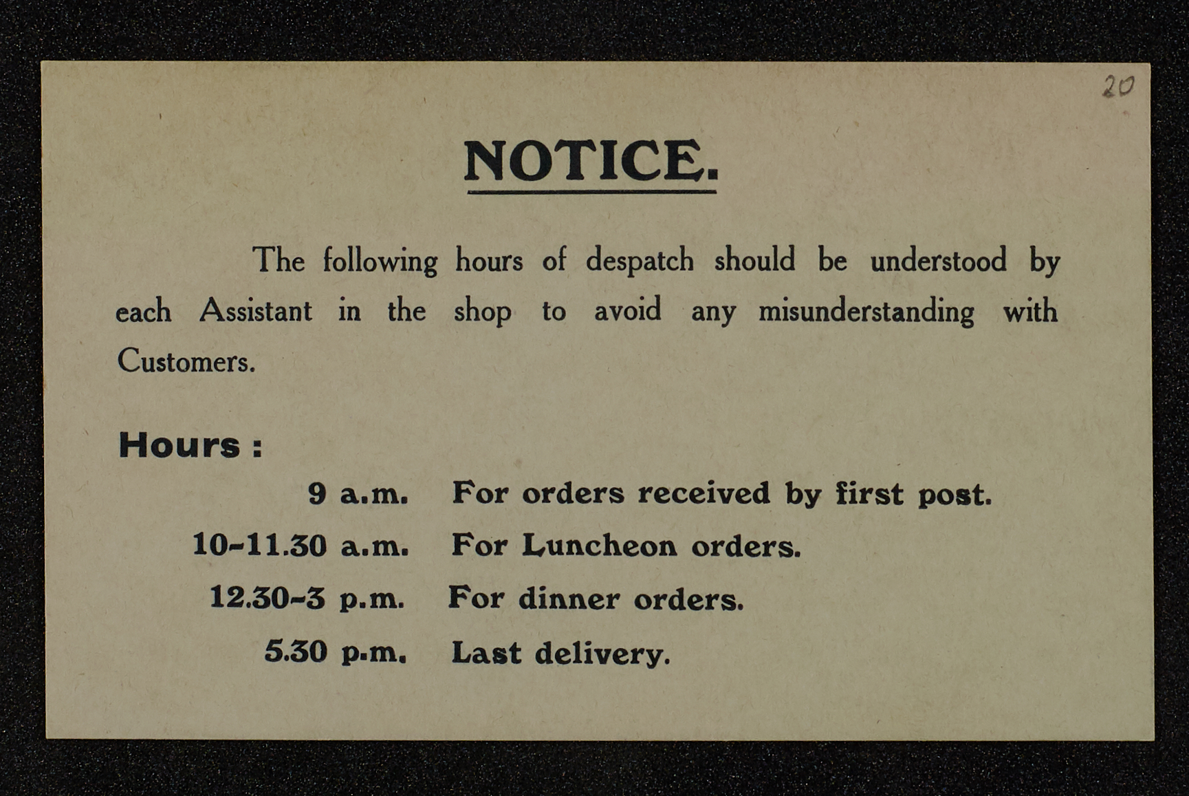 Printed card notice regarding despatch schedule for staff | SA/MARK/ADV ...