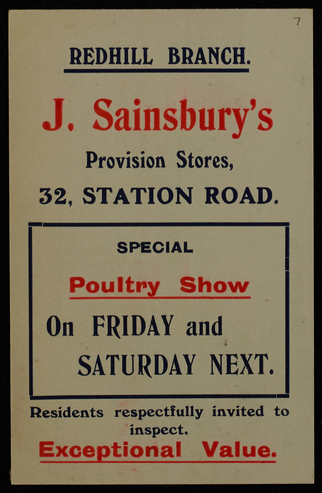 "Special Poultry Show..." postcard advertisement for Redhill branch ...